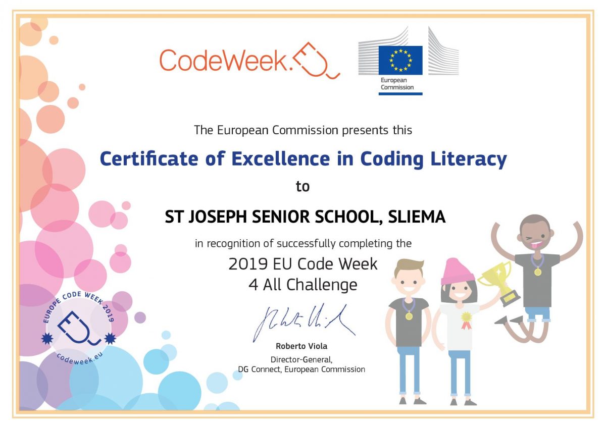 Certificate of Excellence in Coding Literacy - St Joseph School Sliema ...